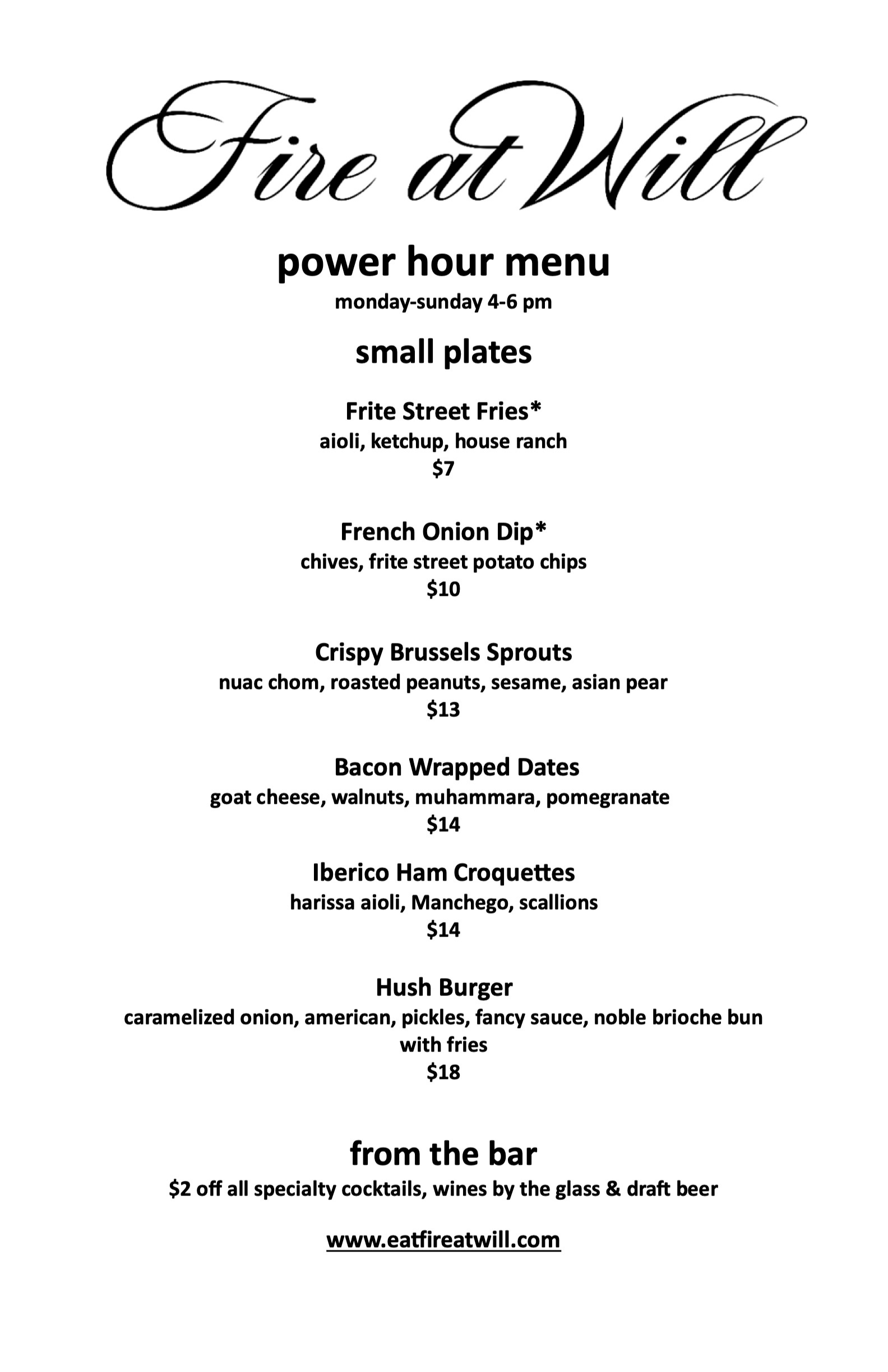 Power Hour Menu: Elevated Comfort Food at Fire At Will